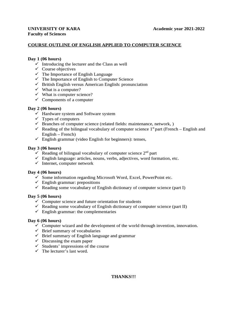 COMPUTER SCIENCE COURSE OUTLINE | PDF