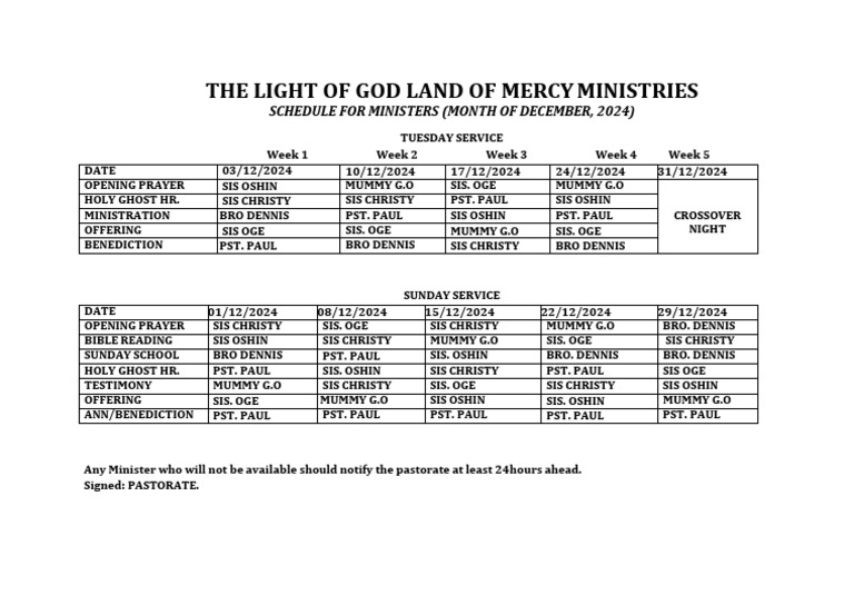 December 2024 Ministers Schedule | PDF