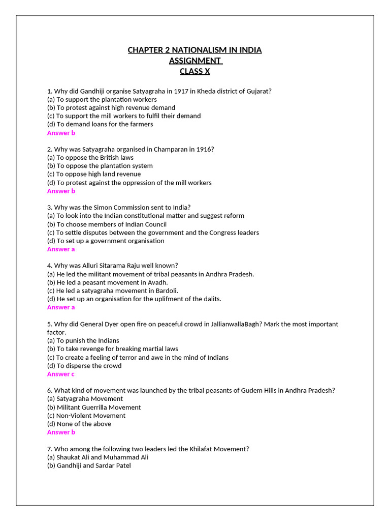 Cl. X Ch. 2 MCQ Assign SST | PDF | Mahatma Gandhi | Resistance To The ...