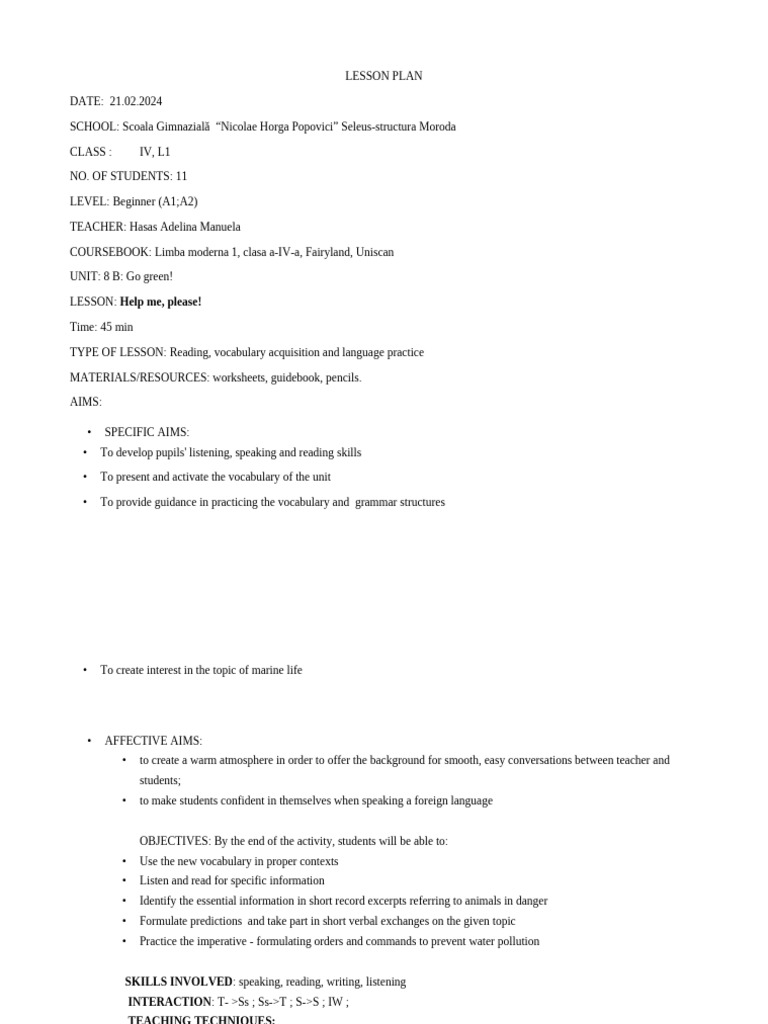 Lesson Plan Sea Animals in Danger | PDF | Cognitive Science | Behavior Modification