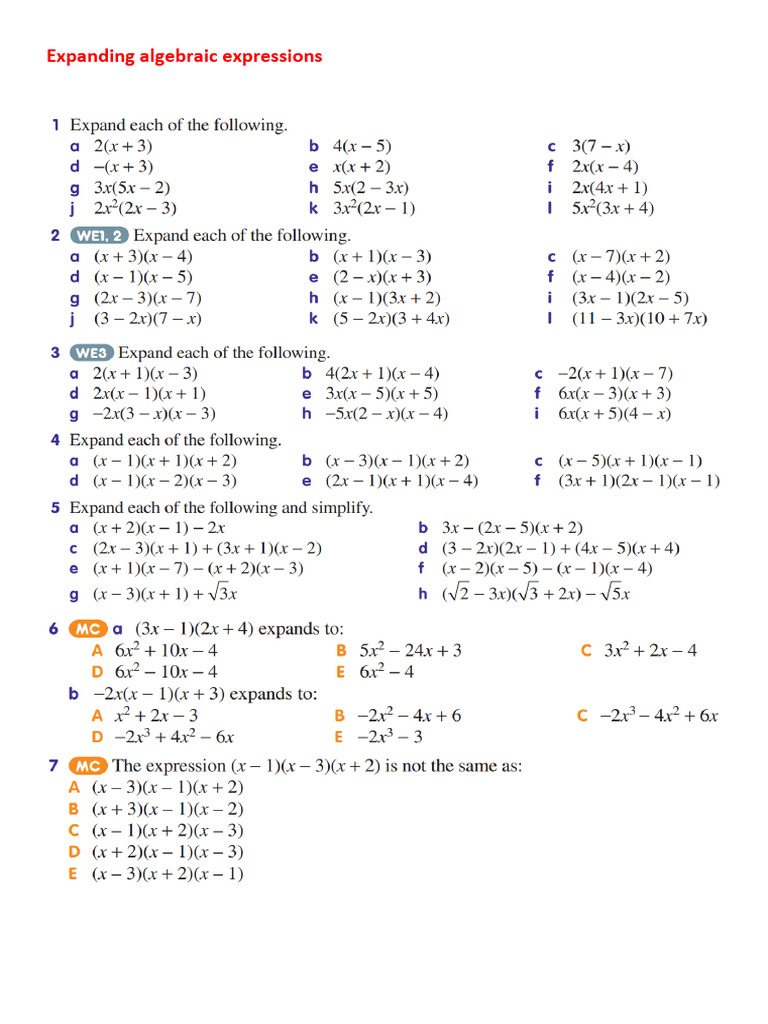 Worksheet Expanding Algebraic Expressions | PDF