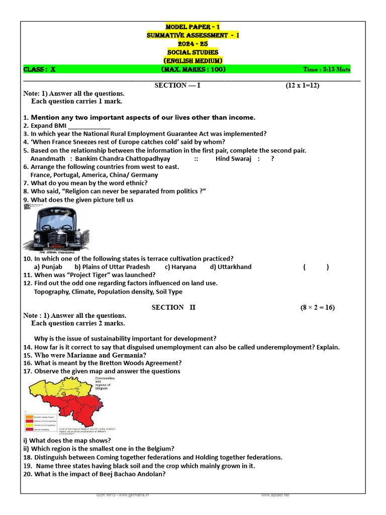 10th Class SA 1 Social Model Paper 1 GSR INFO-www - Gsrmaths.in | PDF ...