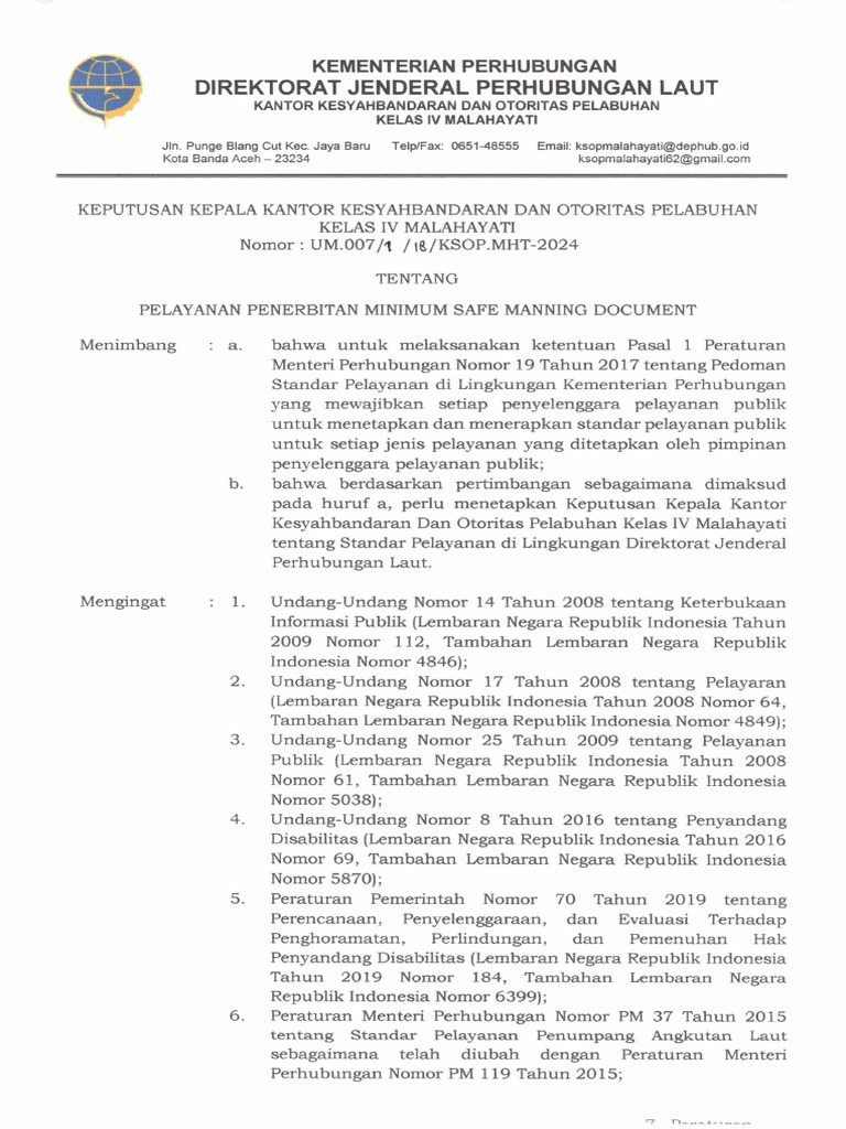 SK Pelayanan Penerbitan Minimum Safe Manning Document | PDF