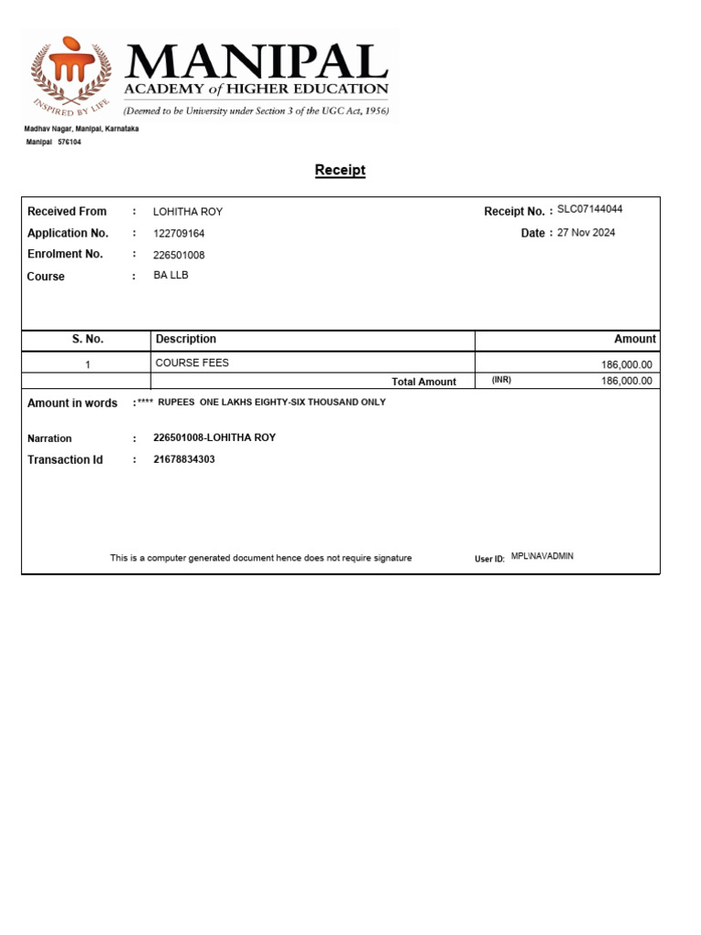 BA LLB Course Fee Receipt 2024 | PDF