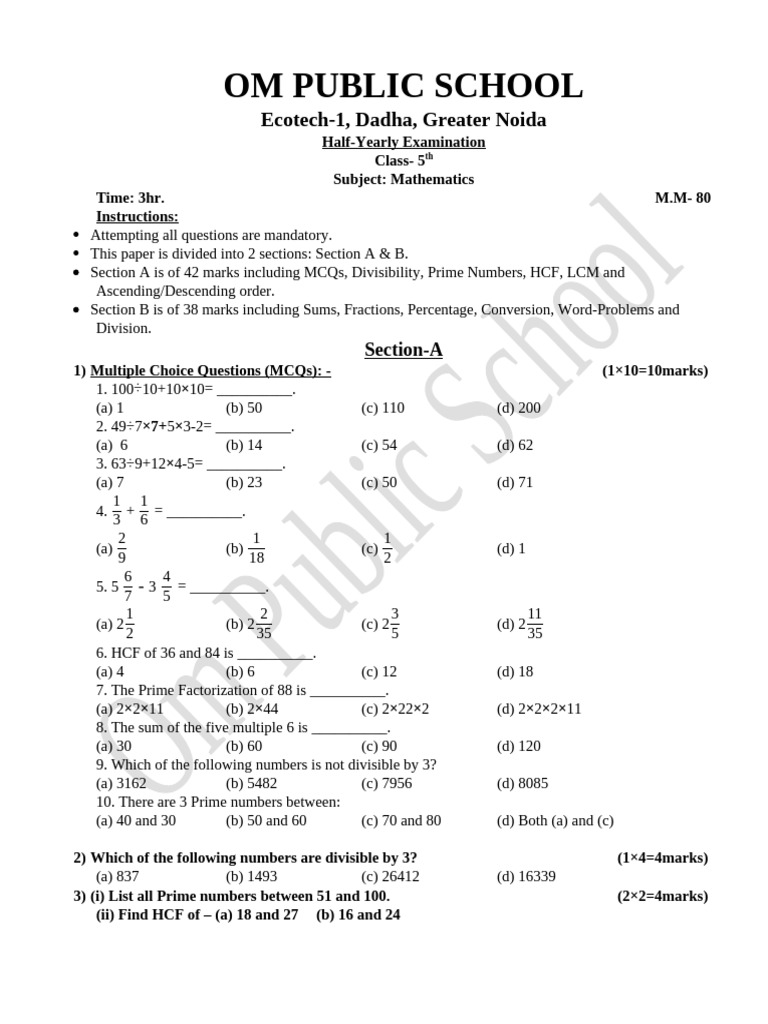 Class 5 Math Exam Paper | PDF | Multiple Choice | Prime Number