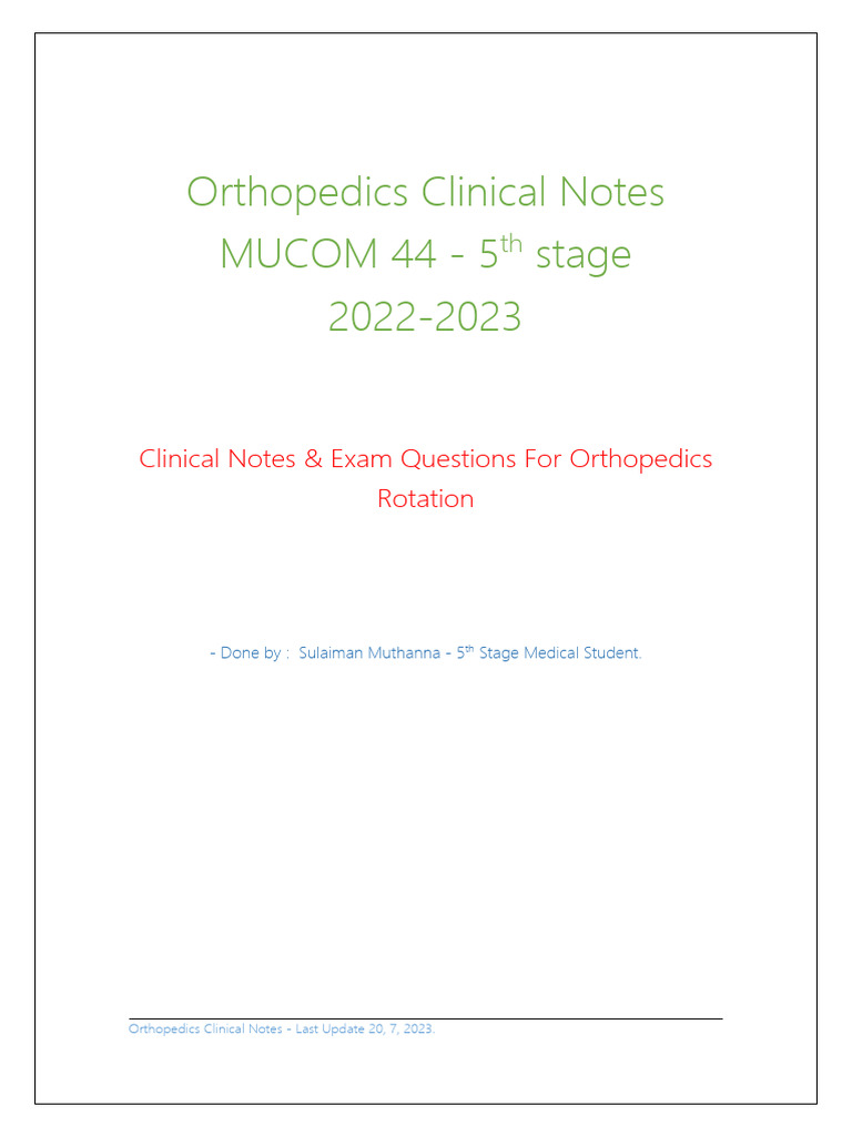 Orthopedics Clinical Notes - MUCOM | PDF | Shoulder | Elbow