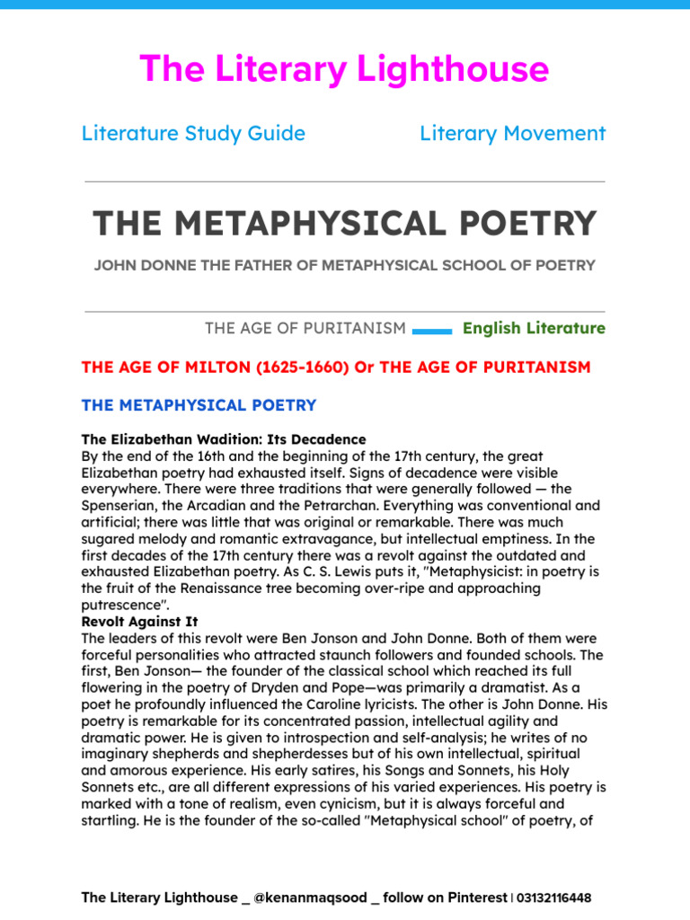 Poets of The Metaphysical School Study Guide Notes by The Literary ...
