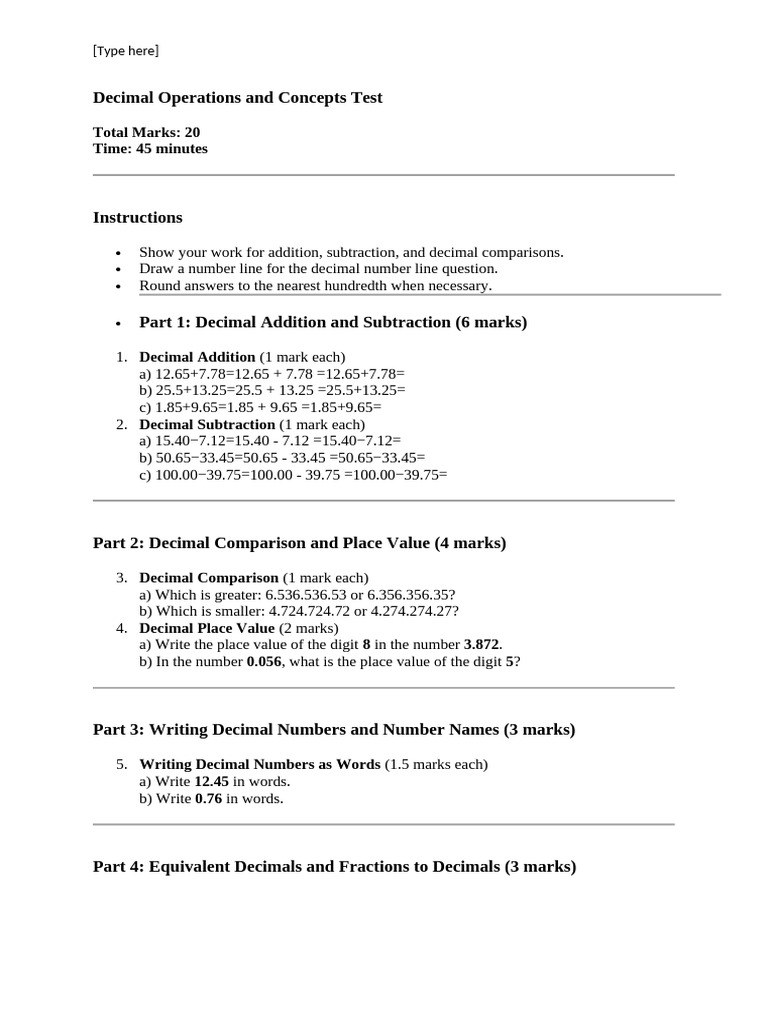 Decimal Operations and Concepts Test | PDF