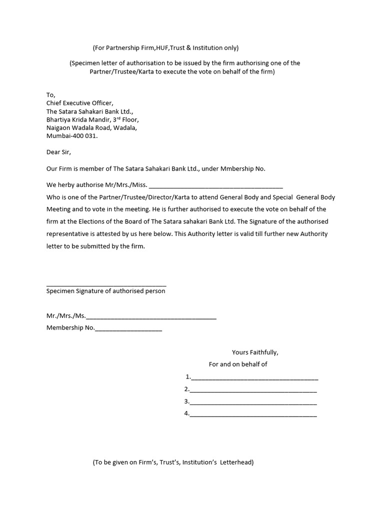 Specimen Letter of Authorisation Partner Trustee Karta | PDF | Private ...