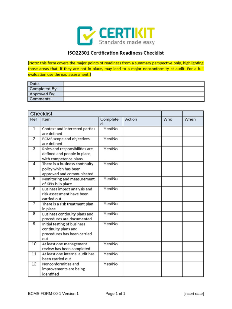 BCMS-FORM-00-1 Certification Readiness Checklist | PDF