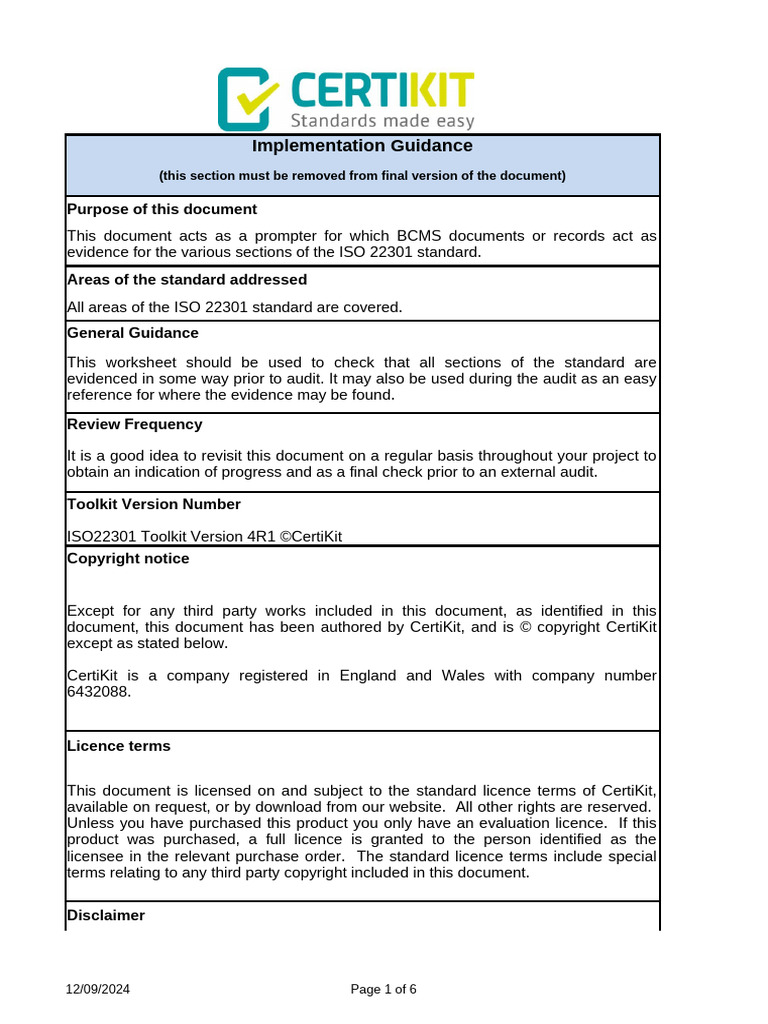 BCMS-FORM-00-2 ISO22301 2012 Assessment Evidence | PDF | Incident ...