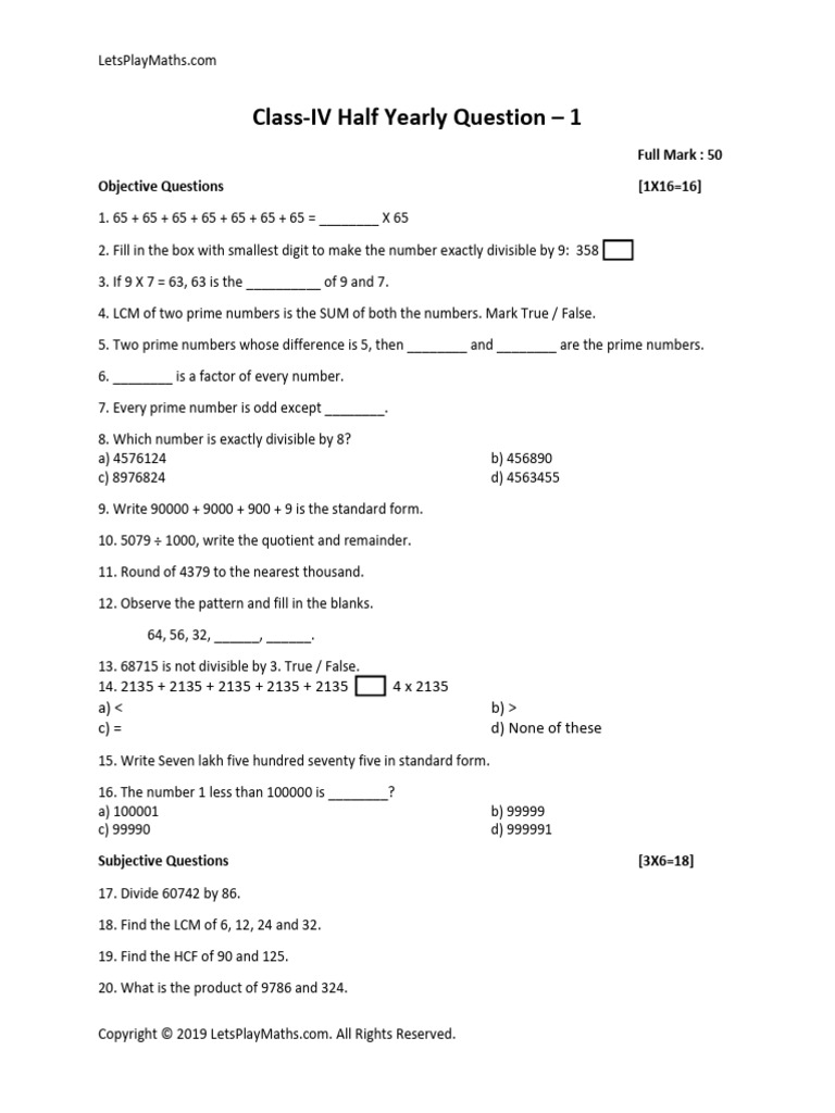 Half-Yearly-Examination 1 | PDF | Prime Number | Numbers