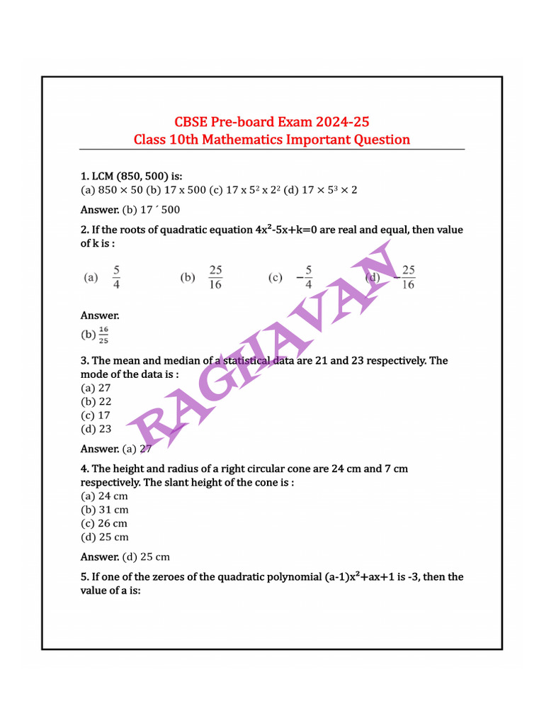 Maths Pre Board Q&A 2024-25 | PDF