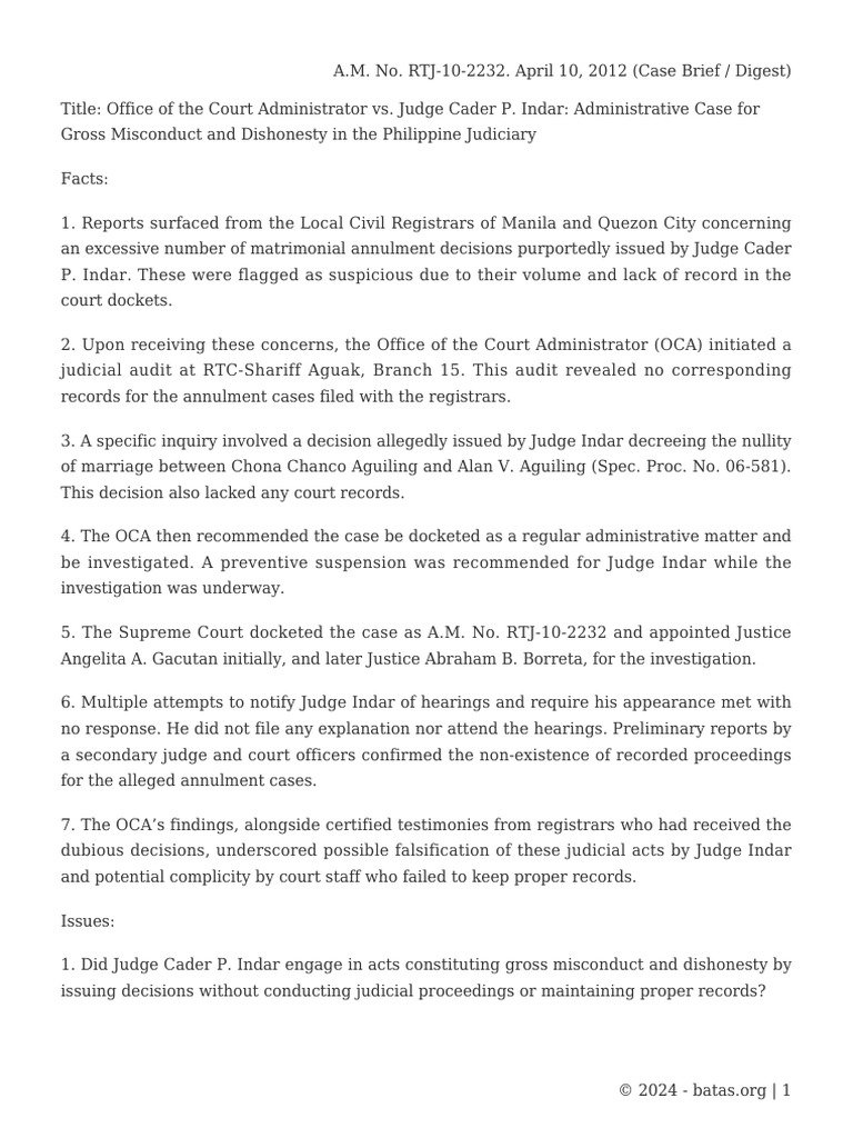Judge Indar's Misconduct Case Digest | PDF | Judiciaries | Supreme ...