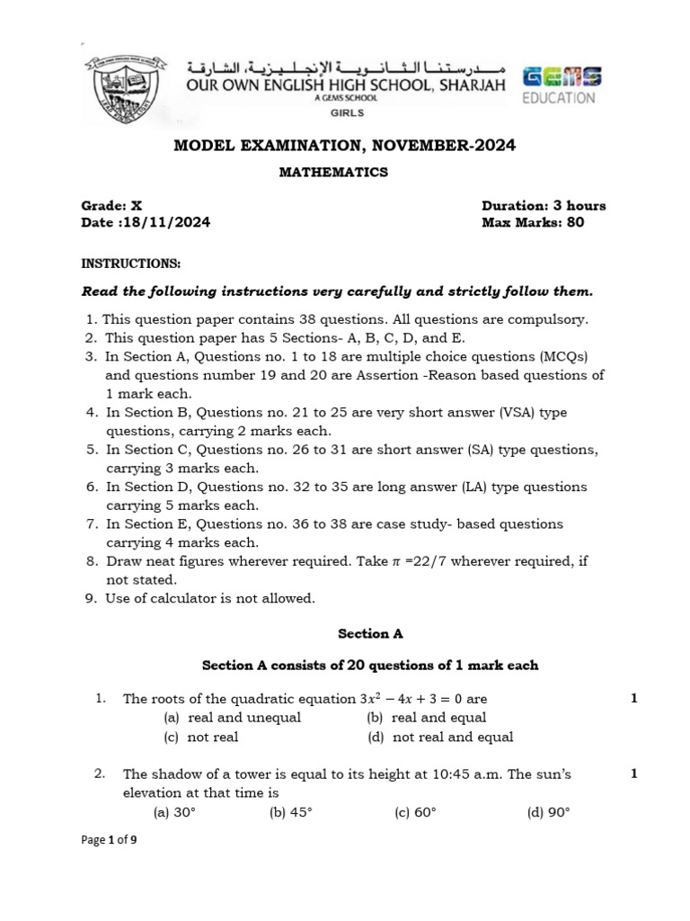 Mathematics Gr10 Model Exam QP | PDF | Area | Circle