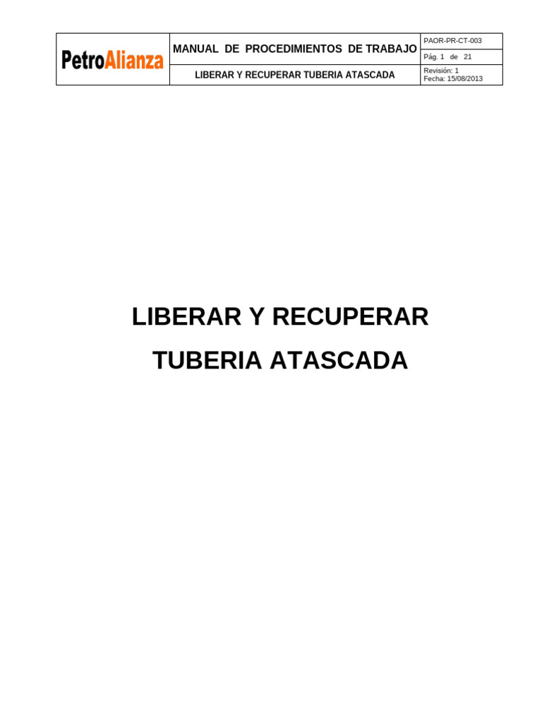 PAOR-PR-CT-003 LIBERAR Y RECUPERAR TUBERIA ATASCADA | PDF | Residuos ...