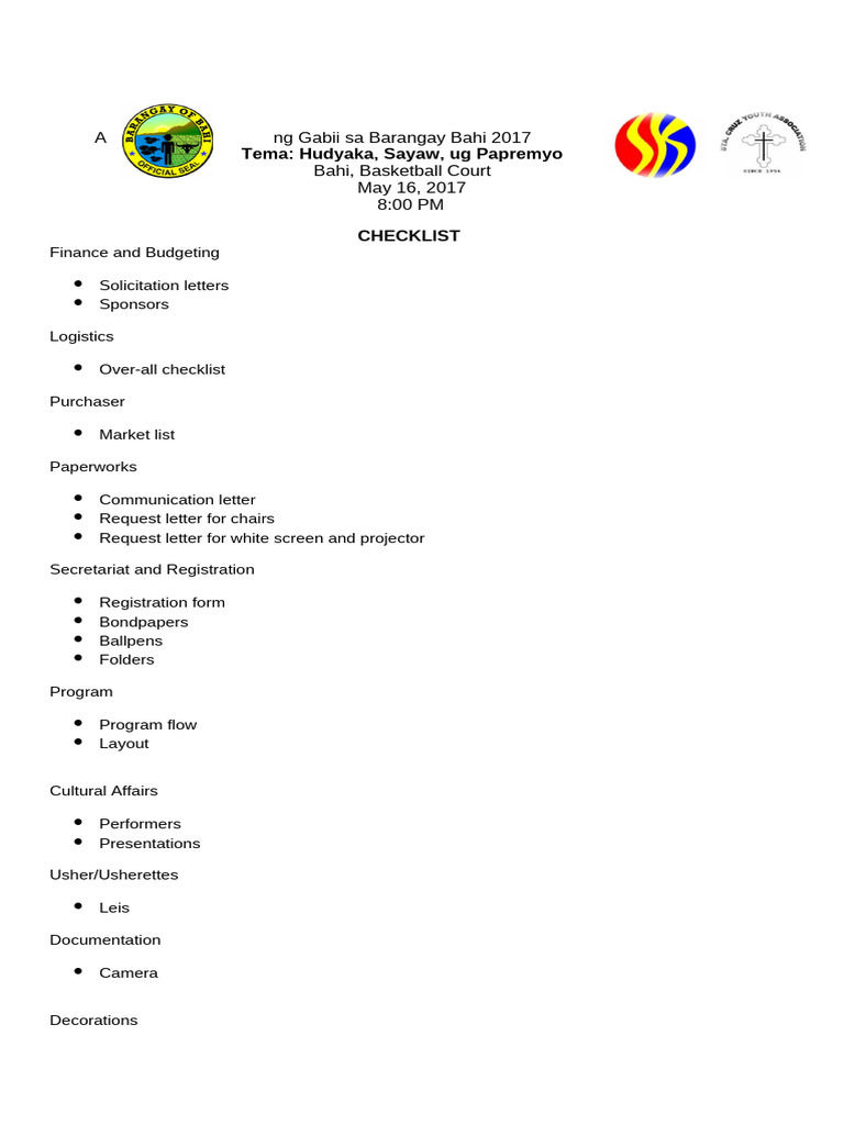Barangay Bahi Event Checklist 2017 | PDF