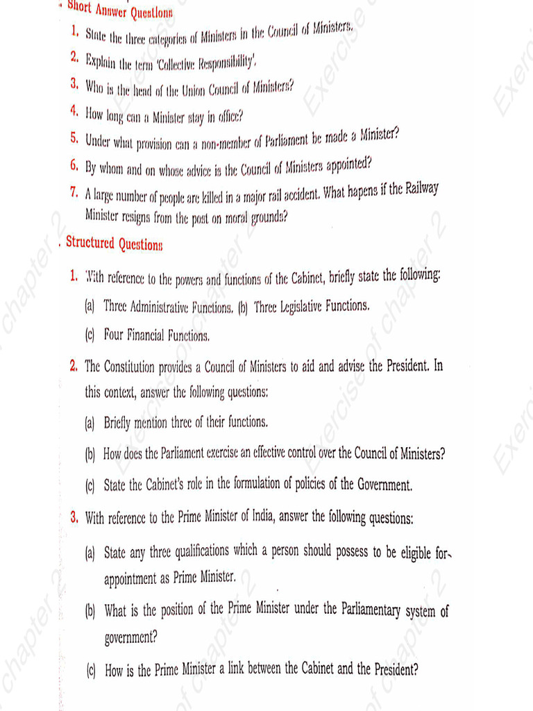 Exercise of Chapter 3 (Civics) | PDF | Cabinet (Government) | Public Law