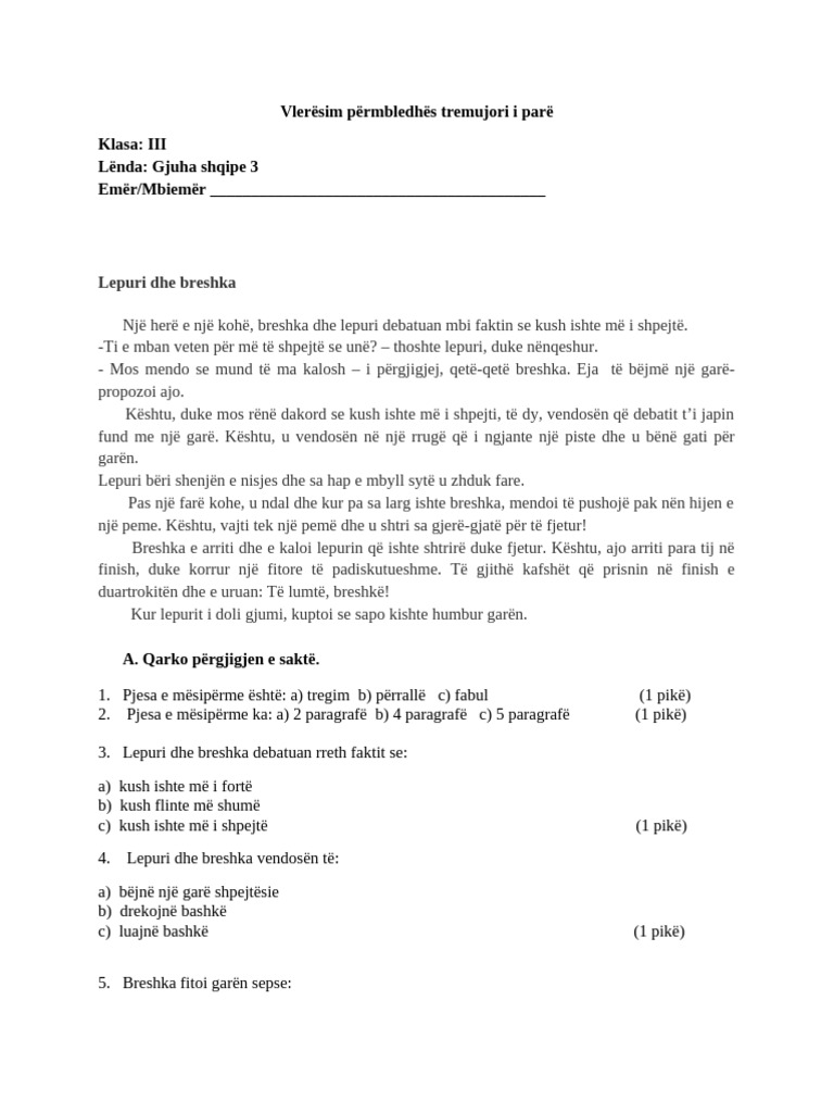 Gjuha Shqipe 3 - Test 1 | PDF