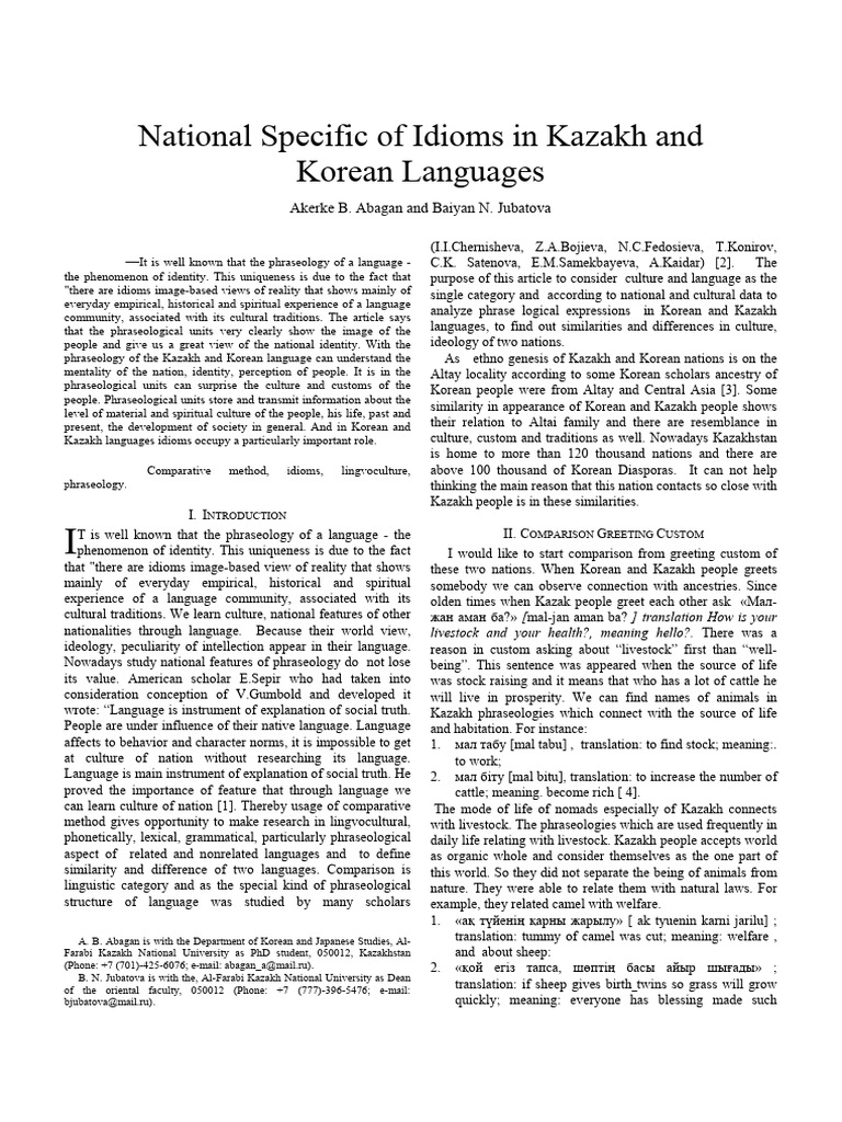 National Specific of Idioms in Kazakh and Korean Languages (1) | PDF ...
