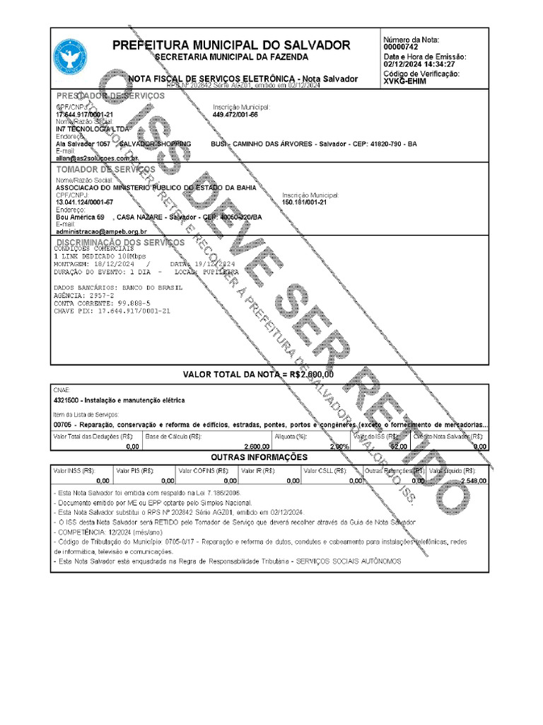NF 742 Associação Do Ministerio Publico Do Estado Da Bahia R$ 2.600,00 ...