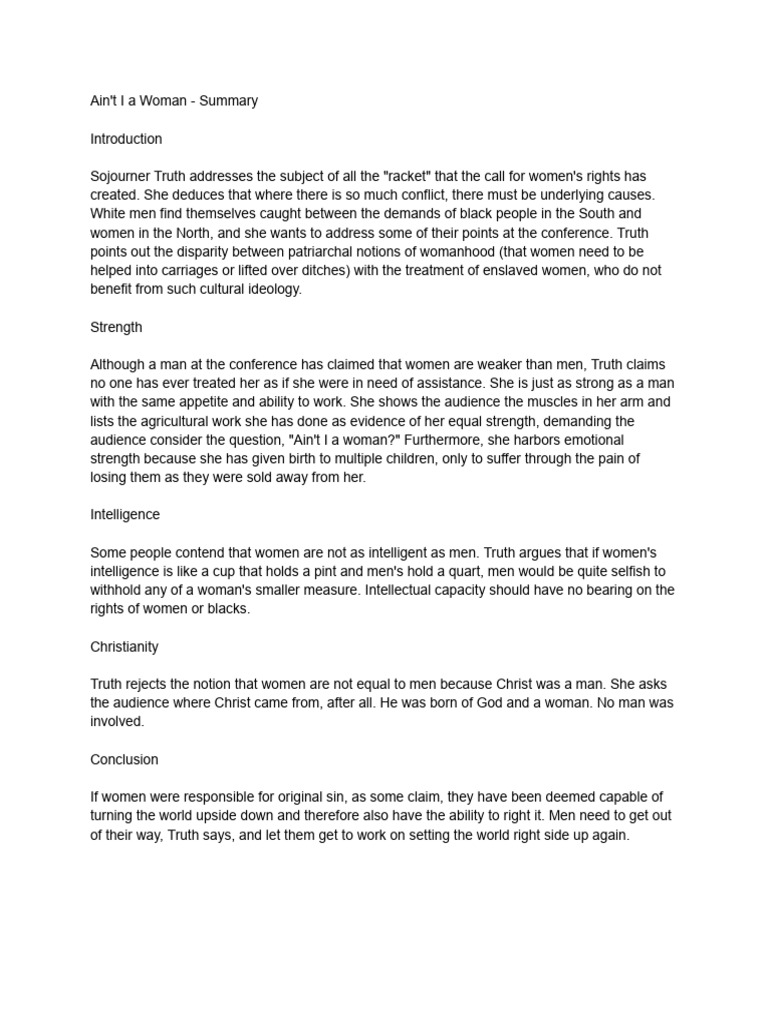 Sojourner Truth's "Ain't I a Woman" Summary | PDF