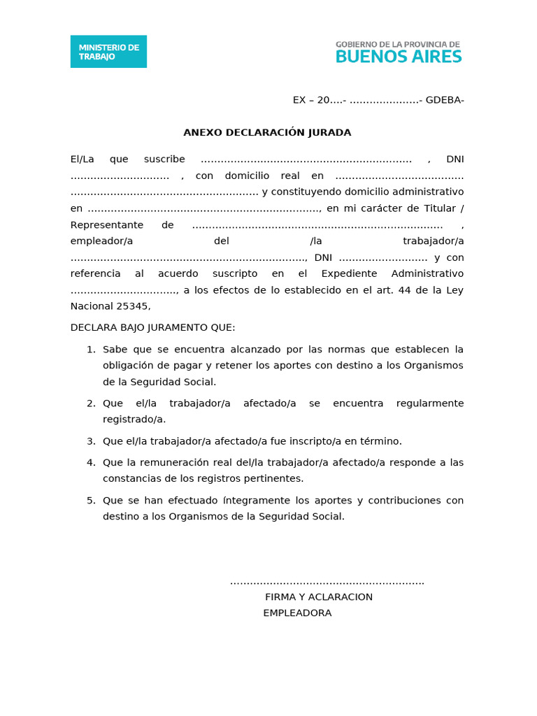 1001 ANEXO DECLARACIÓN JURADA | PDF