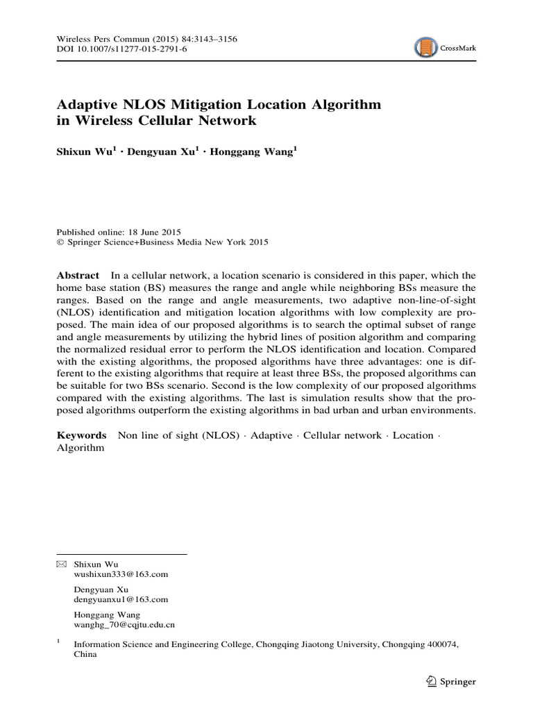 Adaptive NLOS Mitigation Location Algorithm in Wireless Cellular Network | PDF | Algorithms ...