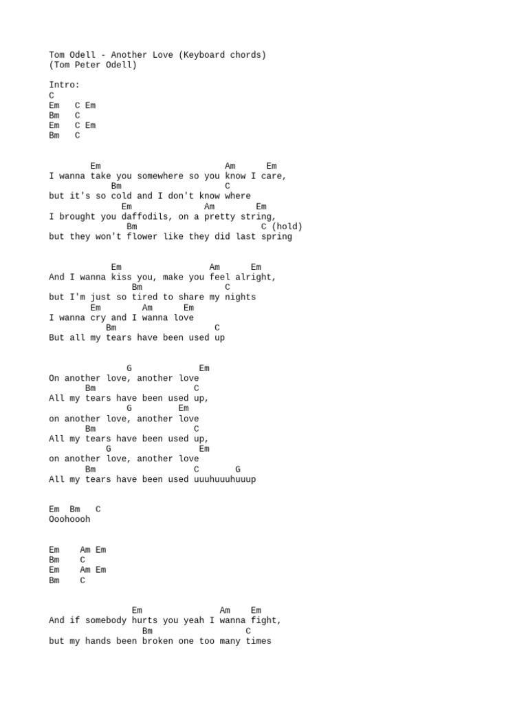 Tom Odell Another Love Keyboard Chords | PDF