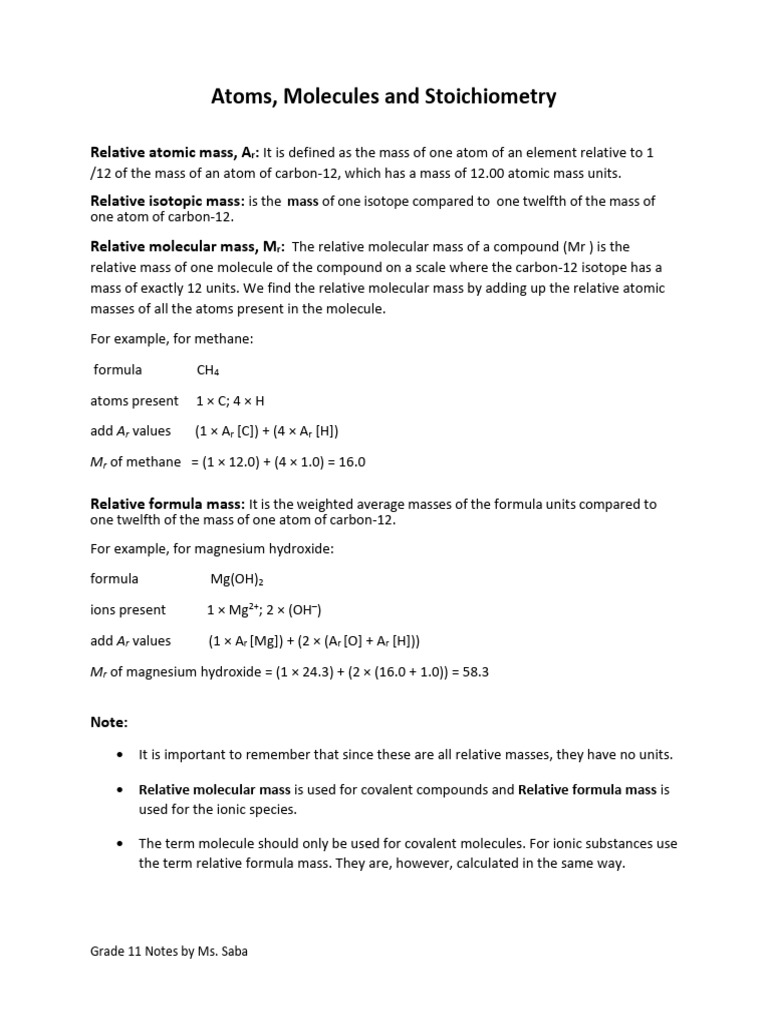 Atoms, Molecules and Stoichiometry (2024-25) | PDF | Mole (Unit ...