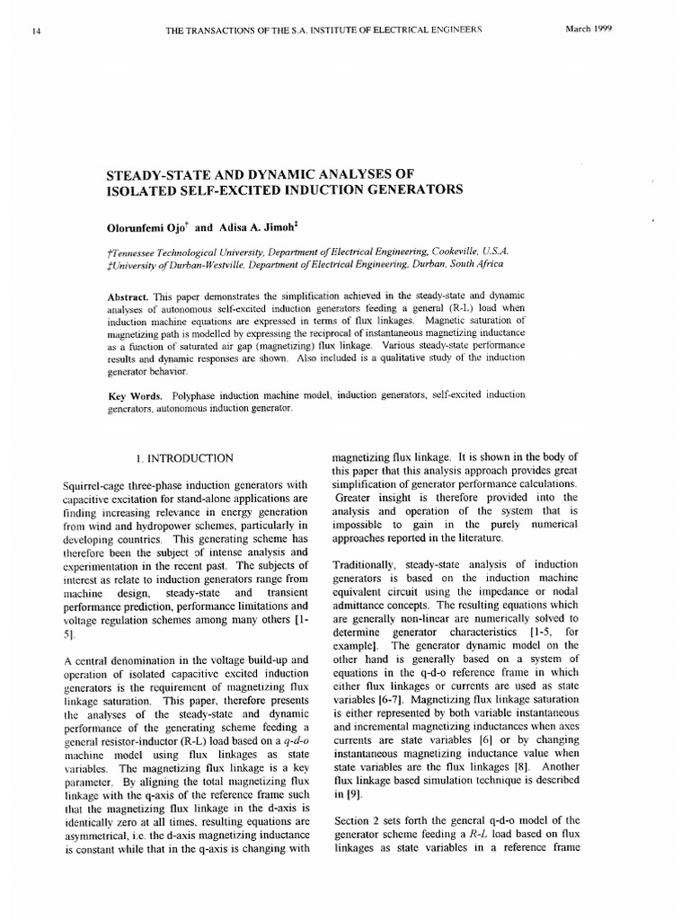 Steady State And Dynamic Analyses Of Isolated Self Excited Induction Generators Pdf