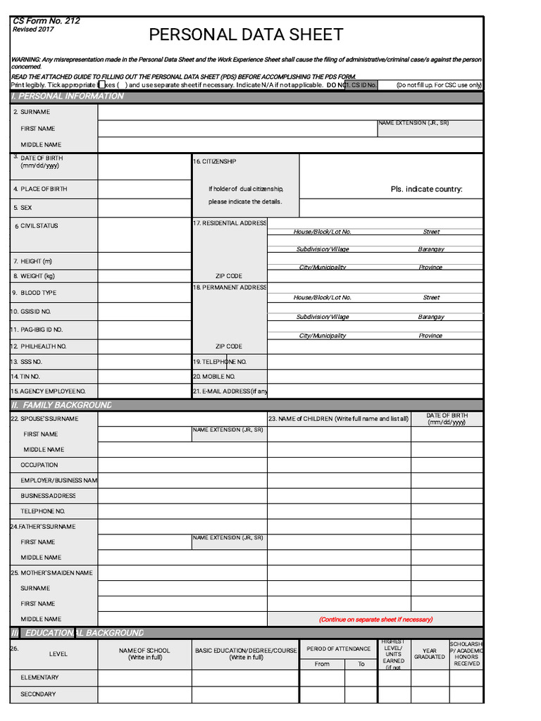 Personal Data Sheet CS Form 212 2017 | PDF | Passport | Justice