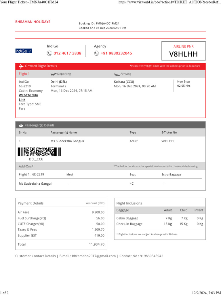 IndiGo Flight Booking Confirmation Details | PDF | Baggage | Aviation