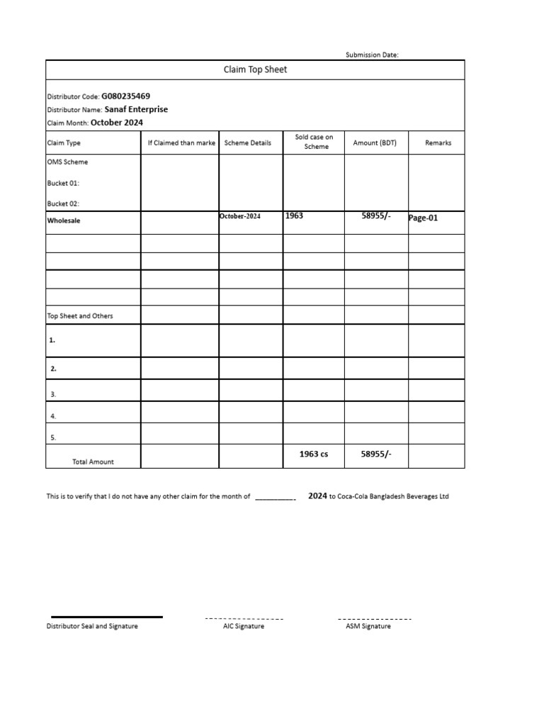 October 2024 Claim Submission Sheet | PDF