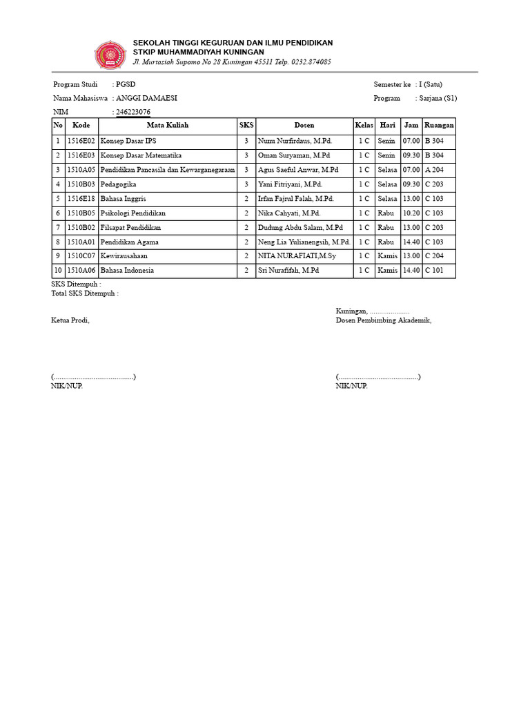 Jadwal Kuliah Semester 1 PGSD | PDF