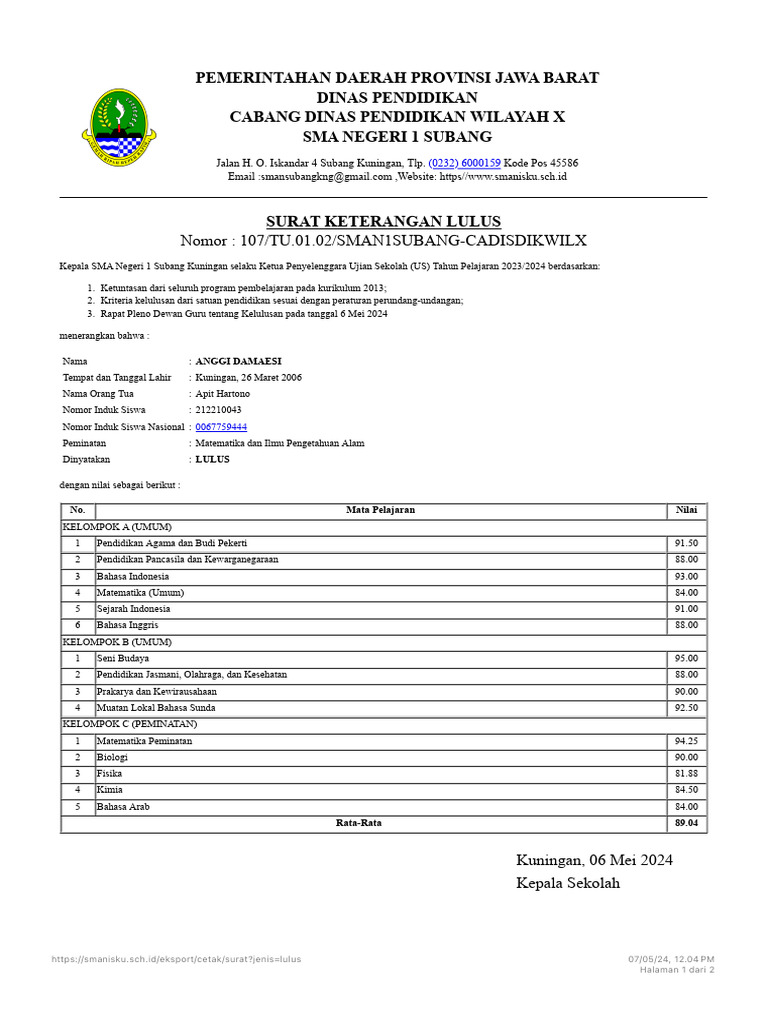 Surat Keterangan Lulus SMA Subang | PDF