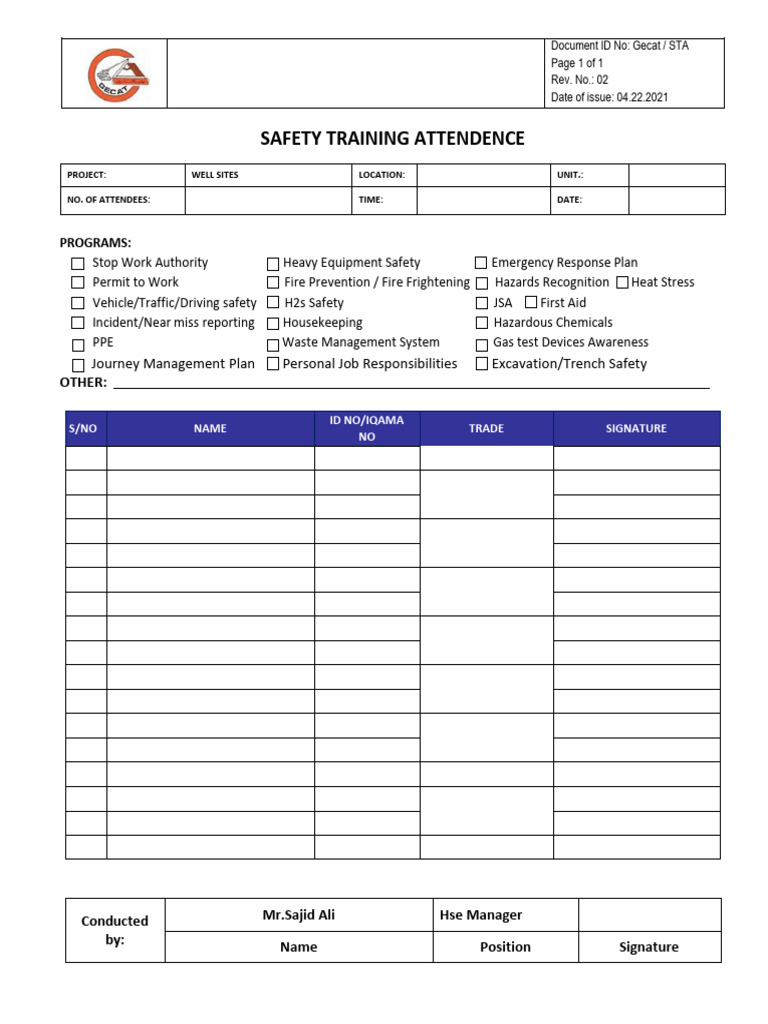 Safety Training Attendance Record | PDF