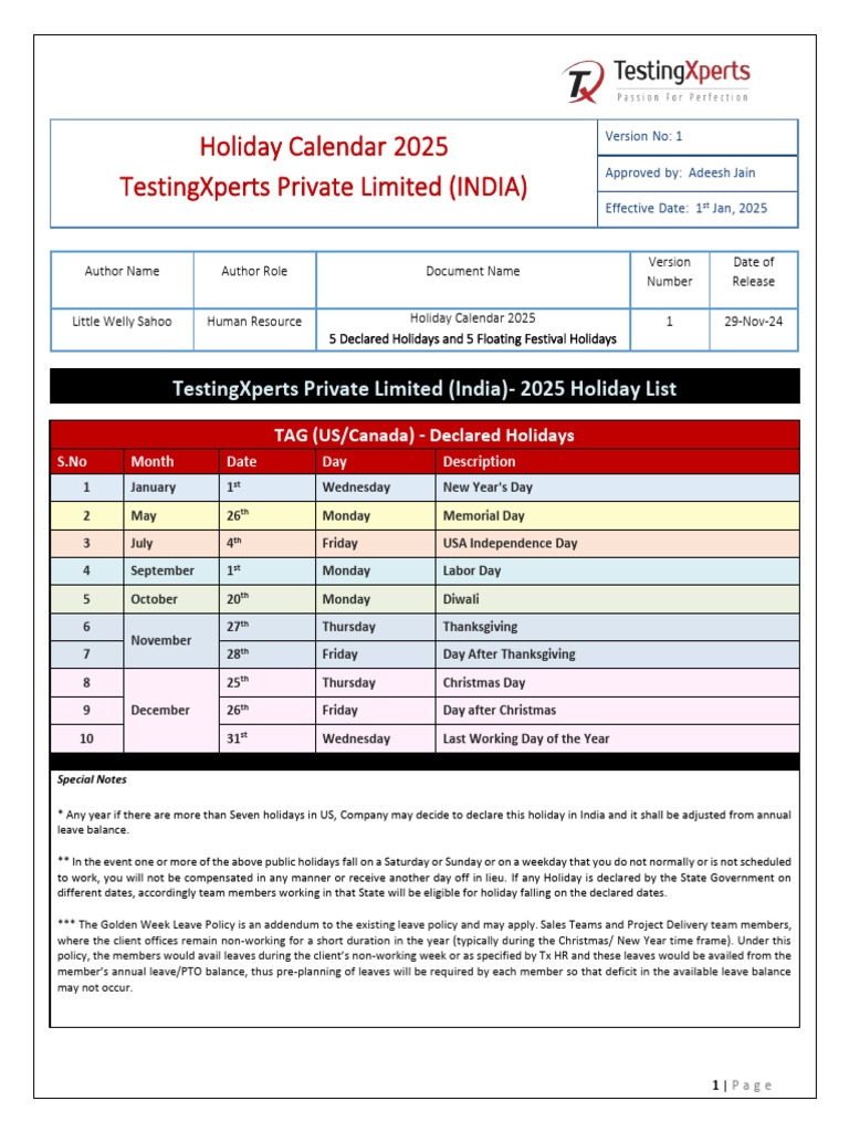 2025 - Holiday List - TestingXperts Private Limited (INDIA) | PDF ...
