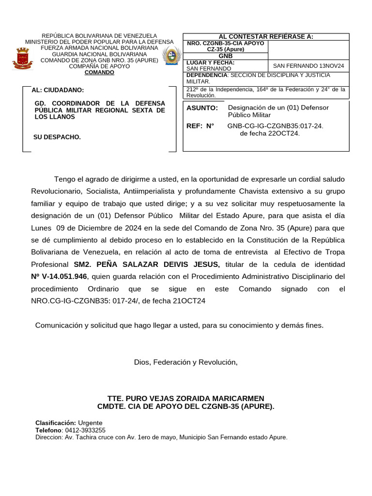 Solicitud de Defensor Público Militar Apure | PDF | Venezuela | Gobierno