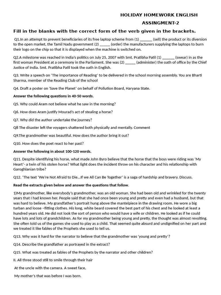 HOLIDAY HOMEWORK ENGLISH | PDF