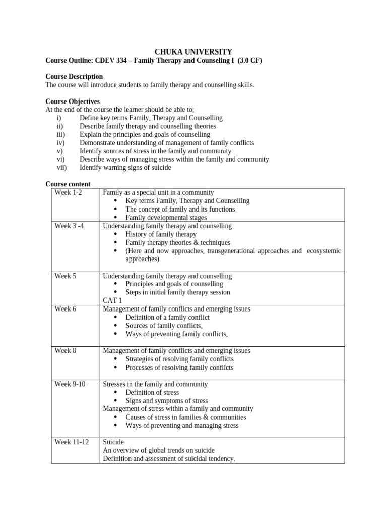 CDEV 334 Family Therapy & Couns Cse Outline | PDF | Family Therapy | Psychotherapy