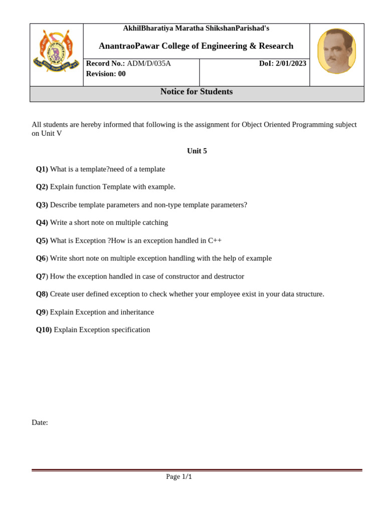 OOP Assignment: Unit V Questions | PDF