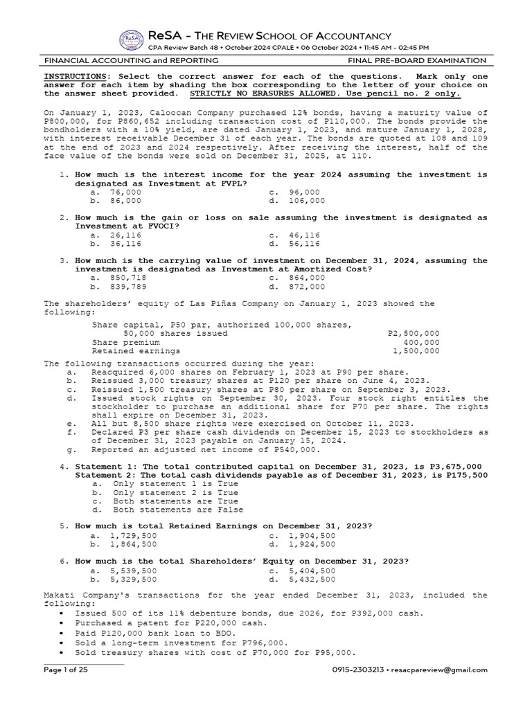 ReSA B48 FAR Final PB Exam Questions Answers and Solutions - PDF ...