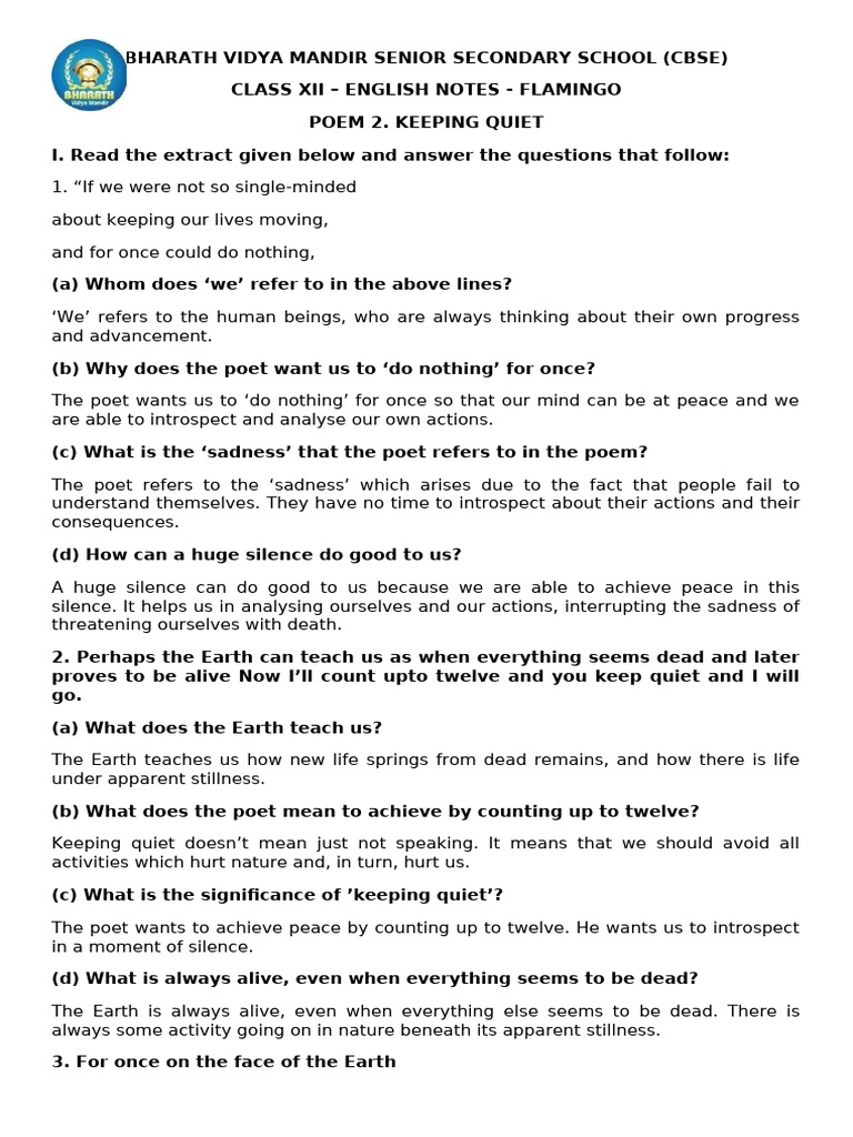 Class XII - Flamingo Poem 2 - Keeping Quiet | PDF