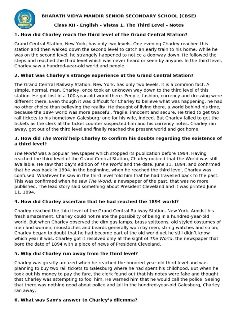 Class XII - Vistas 1. The Third Level-1 | PDF