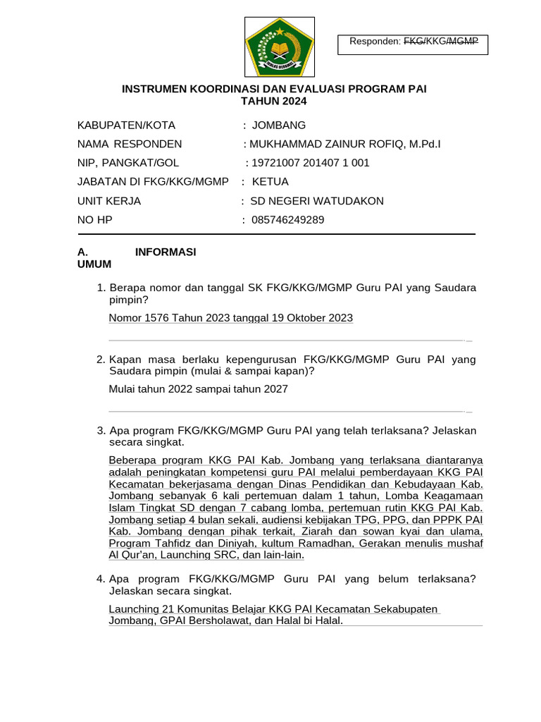 Instrumen Koordinasi Evaluasi Pai KFK KKG MGMP | PDF