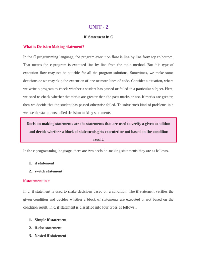 Unit -2 _C Programming | PDF | Control Flow | Computer Science Unit -2 _C Programming | PDF | Control Flow | Computer Science