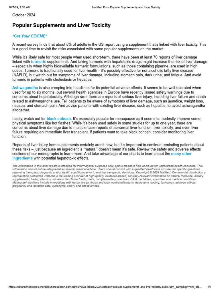 Popular Supplements and Liver Toxicity - NatMed Pro 2024-10 | PDF ...