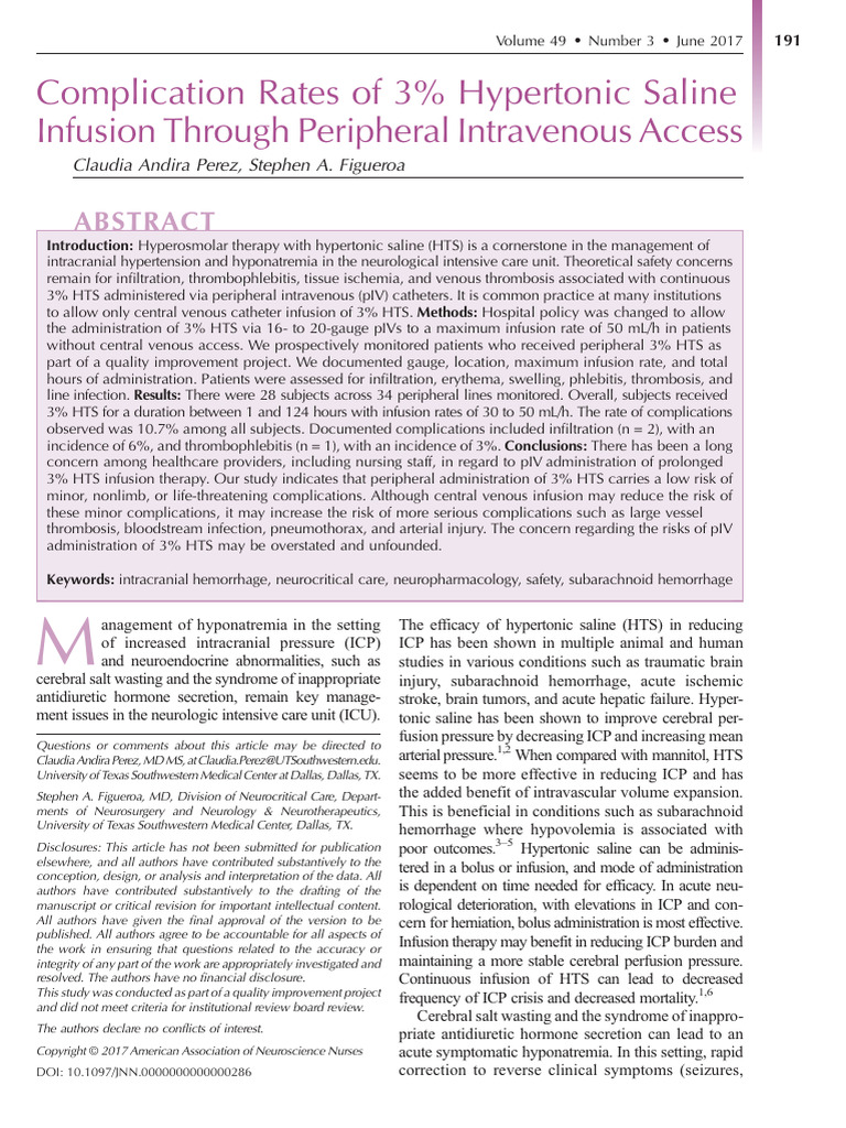 Complication Rates of 3% Hypertonic Saline Infusion Through Peripheral ...
