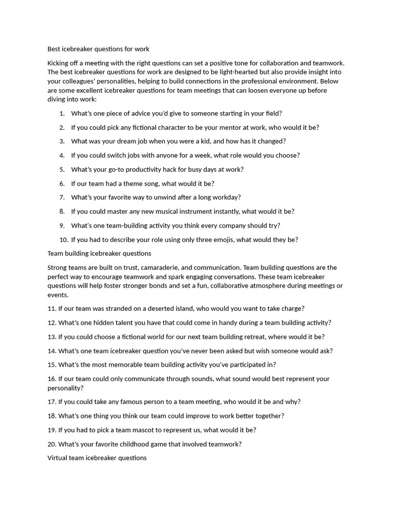 Engaging Icebreaker Questions for Work | PDF